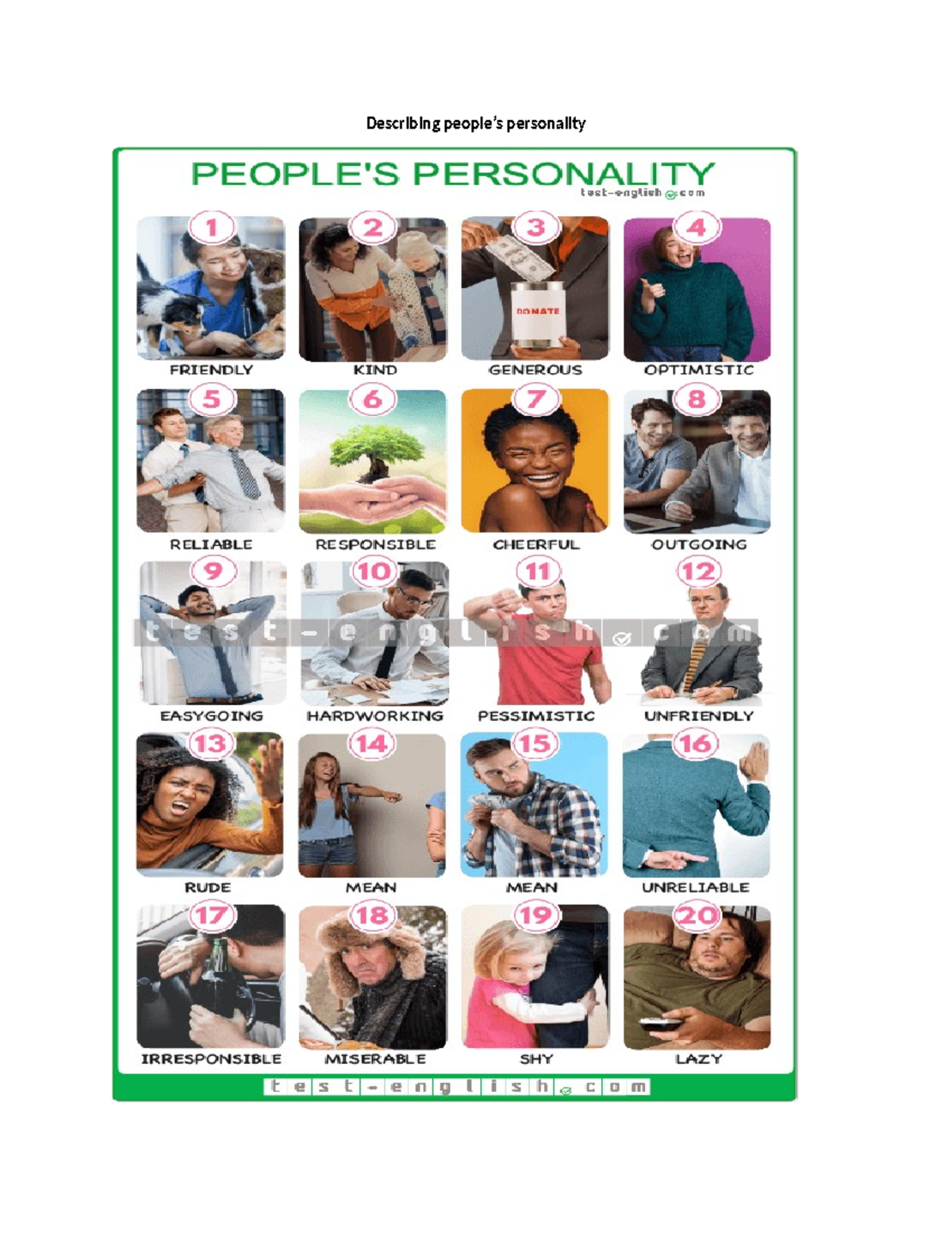 Describing people - Describing people’s personality Positive Adjectives ...