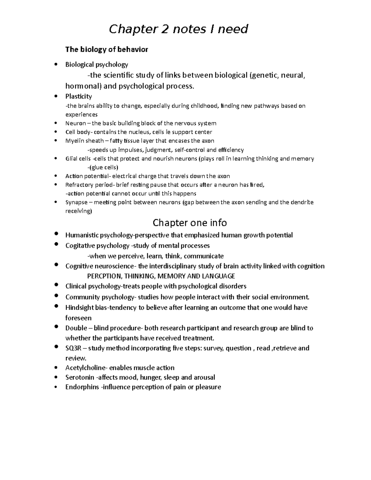 Unit 1,2,5 home notes - Chapter 2 notes I need The biology of behavior ...