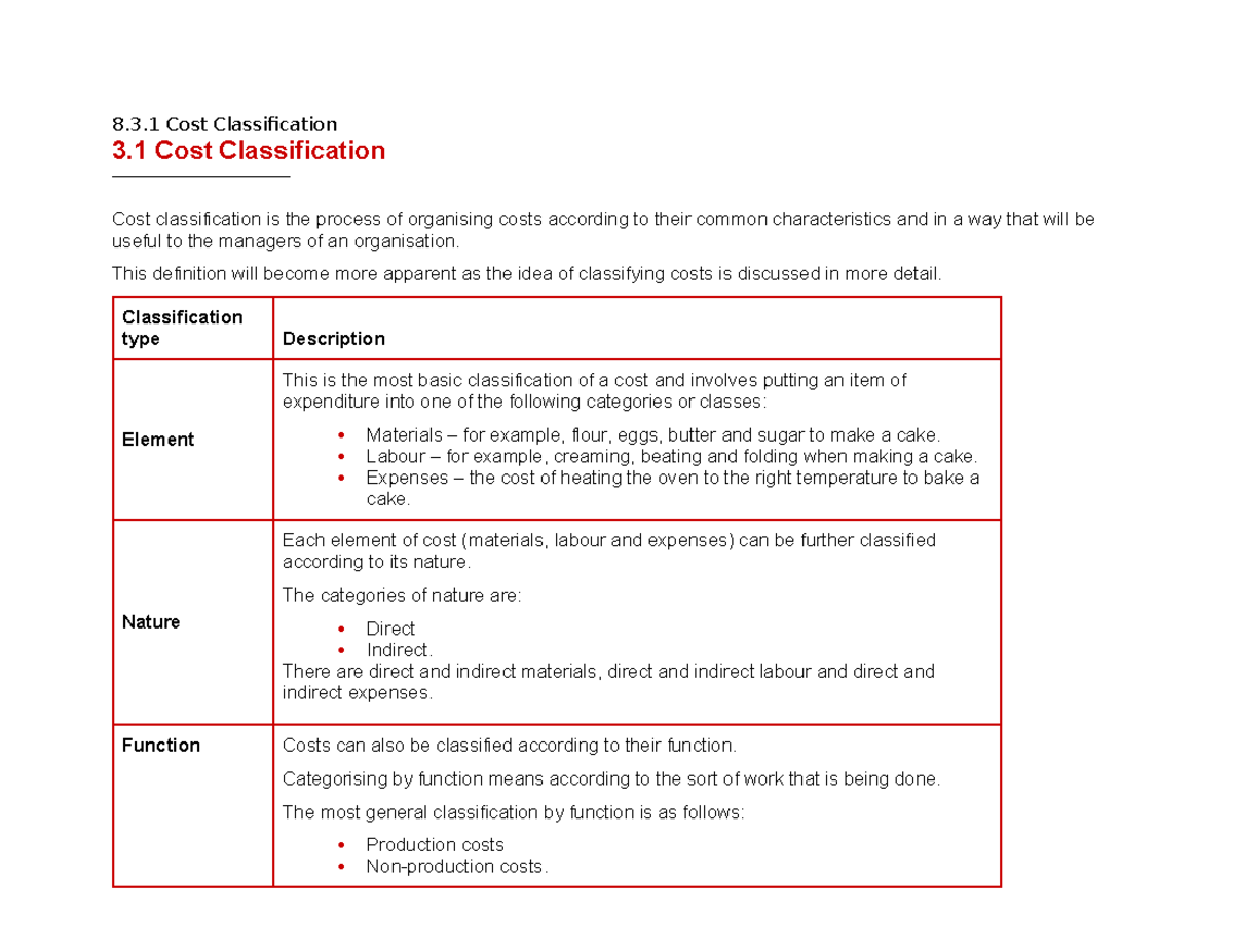 Cost CLassification - Lecture Notes - 8.3 Cost Classification 3 Cost ...