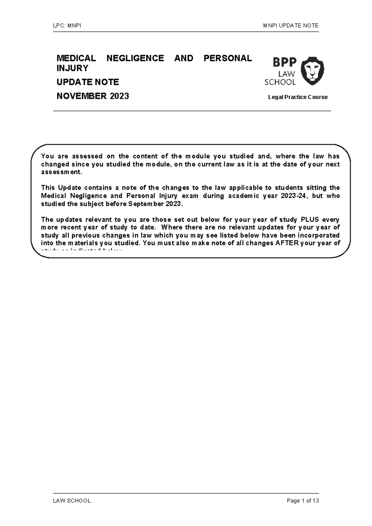 2023-24 MNPI Update Note - LPC: MNPI MNPI UPDATE NOTE MEDICAL ...