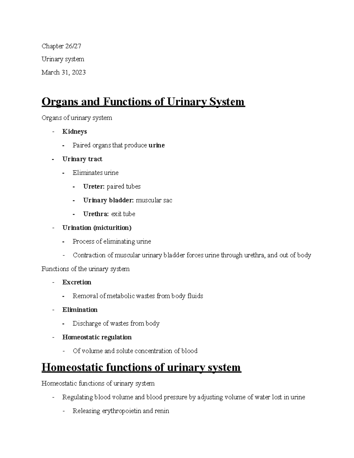 BIO222 chap 26-27 - urinary system - Chapter 26/ Urinary system March ...