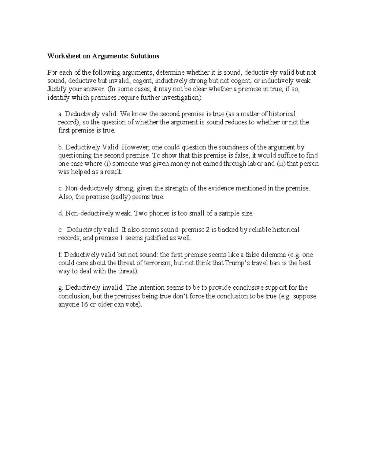 Solutions to Addtional Exercises on Arguments - Worksheet on Arguments ...
