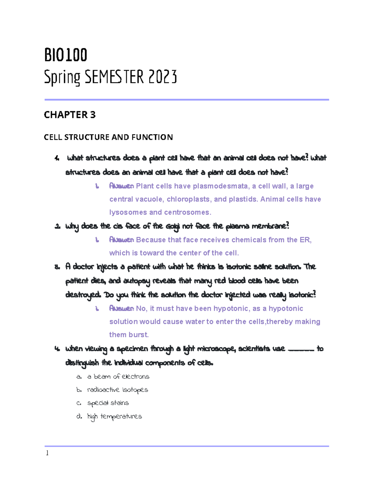 Biology CH3 - BIO Spring SEMTER 2023 CHAPTER 3 CELL STRUCTURE AND ...