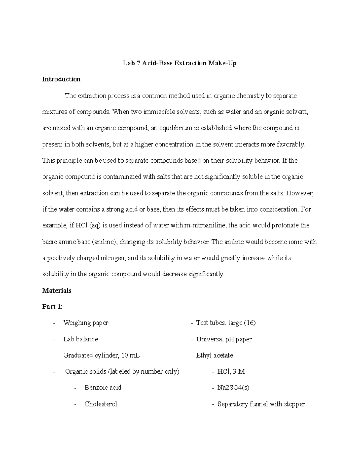 Lab 7 Make-Up Report - Lab 7 Acid-Base Extraction Make-Up - Lab 7 Acid ...