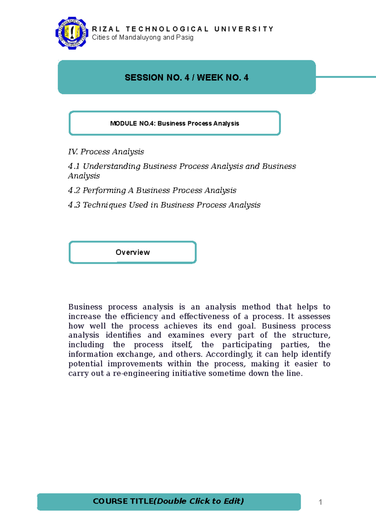Module 4 Process Analysis - IV. Process Analysis 4 Understanding Business Process Analysis and ...