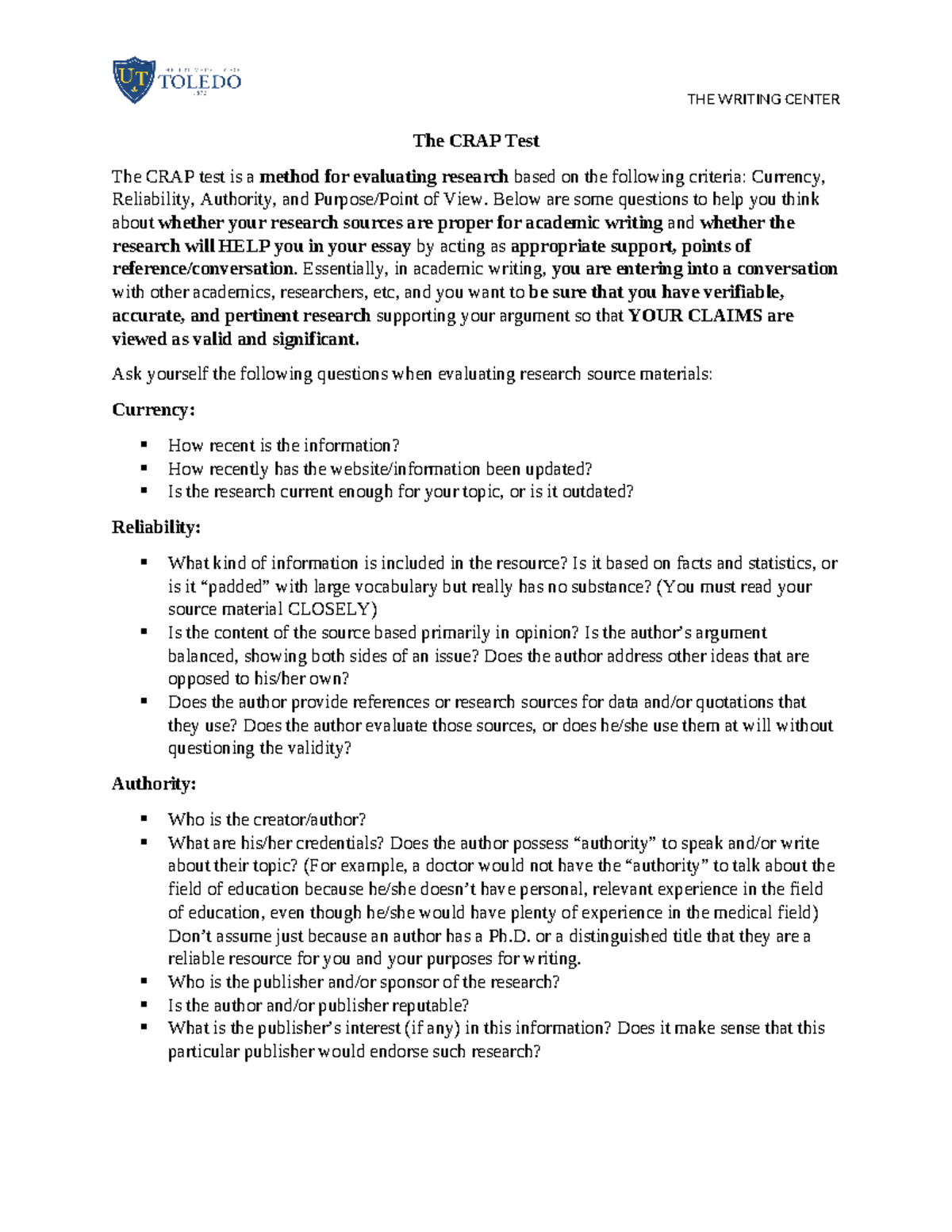 Academic Writing - THE WRITING CENTER The CRAP Test The CRAP test is a ...