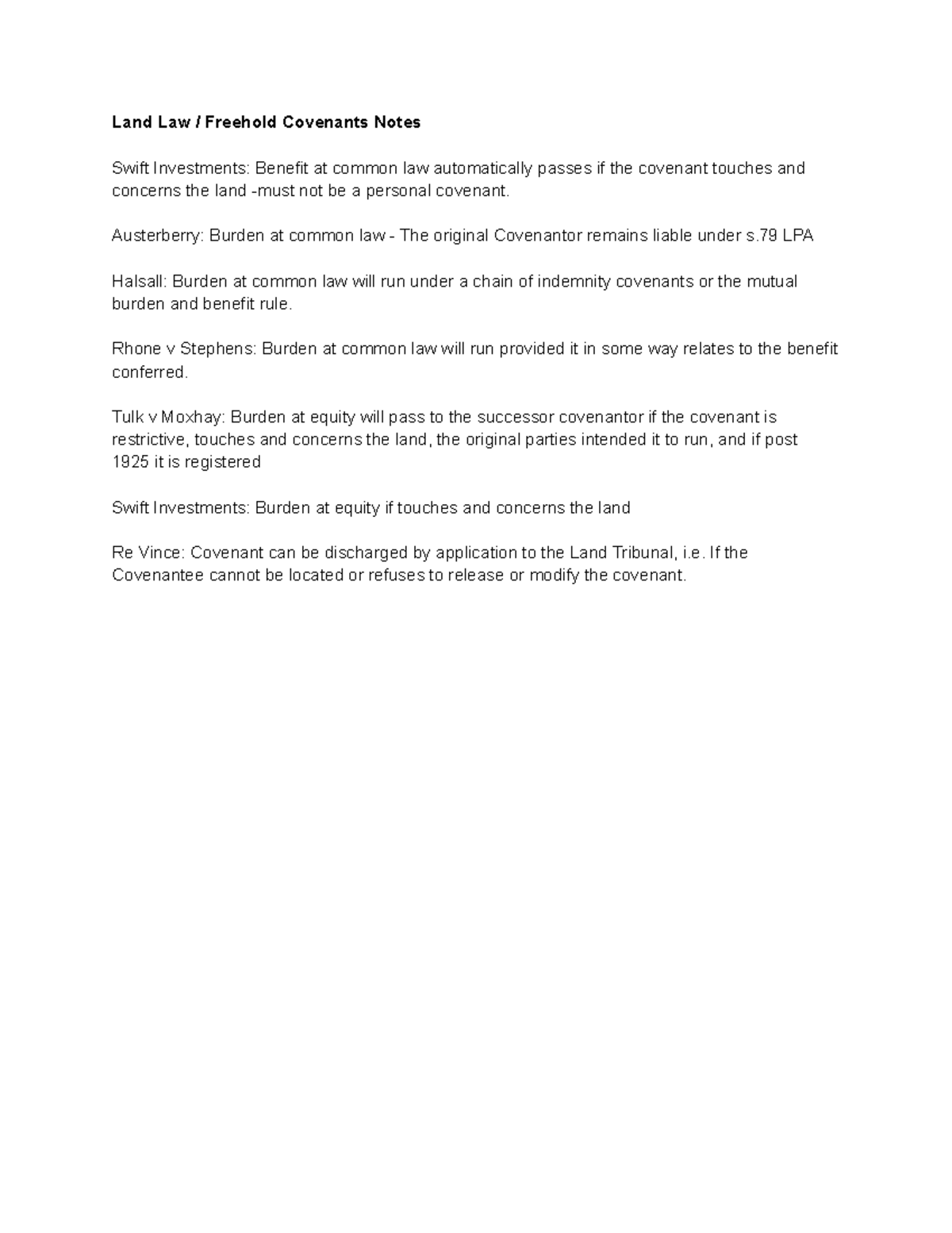 Land Law Freehold Covenants Notes - Land Law / Freehold Covenants Notes ...