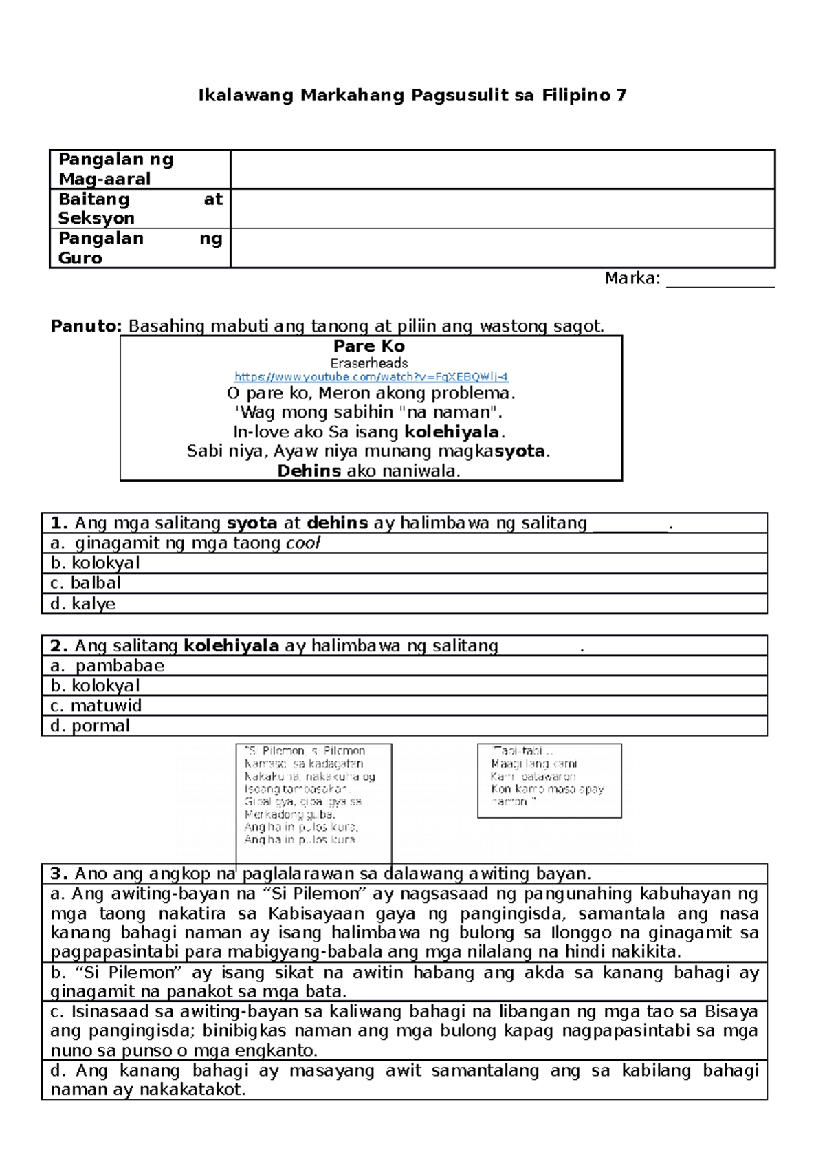 Ikalawang Markahang Pagsusulit sa Filipino 7 - Pare Ko Eraserheads ...