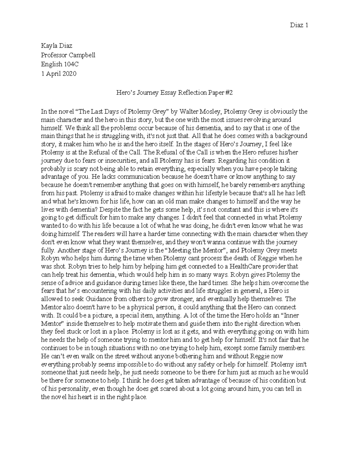 Reflection Paper #2 - Grade: A+ - Diaz 1 Kayla Diaz Professor Campbell ...