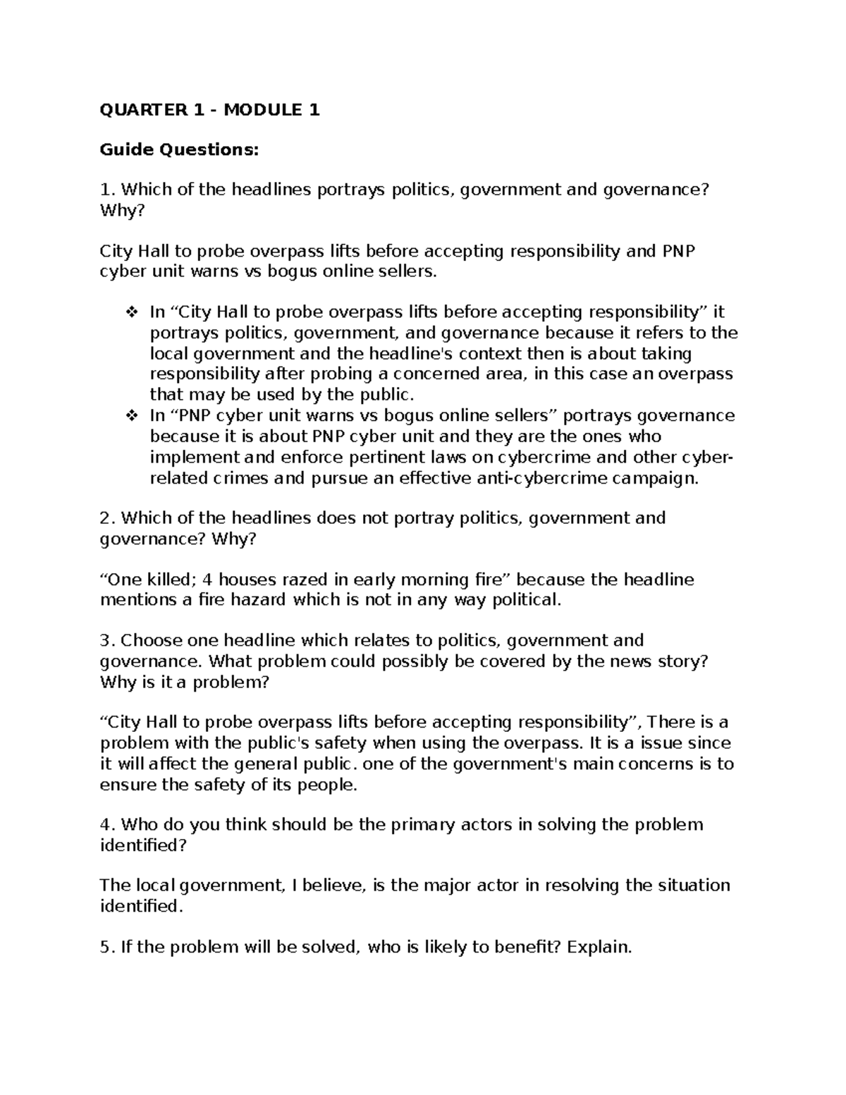 Quarter 1 Module 1 politics, government and governance - QUARTER 1 ...