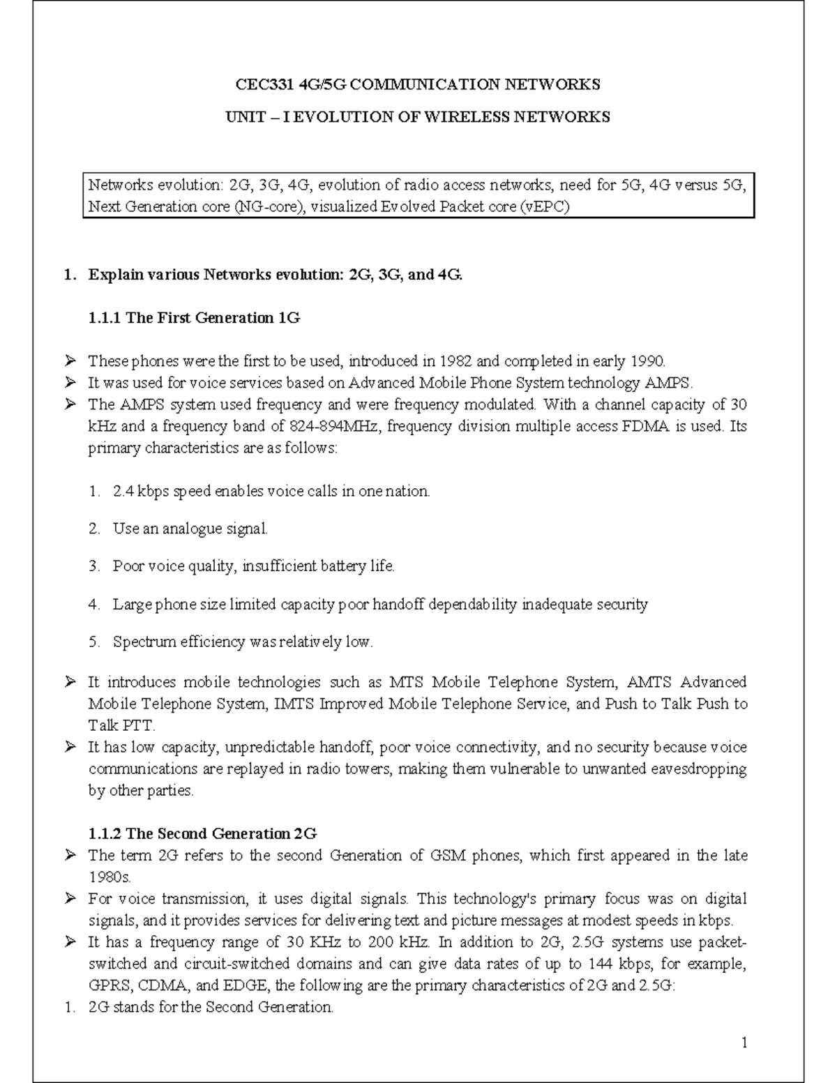 CEC331 4G5G UNIT-1 - UNIT 1 NOTES - CEC331 4G/5G COMMUNICATION NETWORKS ...