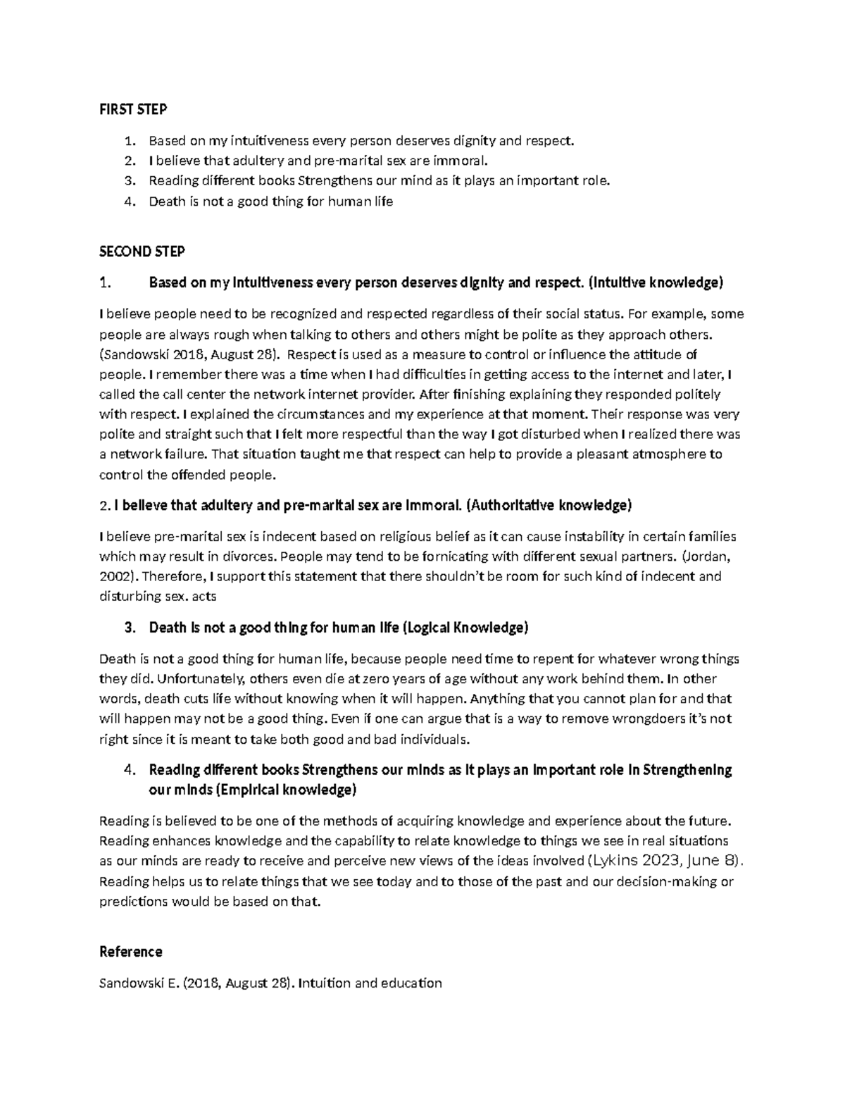 Phylosophy Discussion 6 - FIRST STEP Based on my intuitiveness every ...