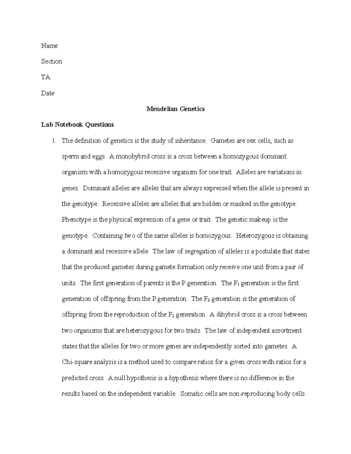 BIOL1500 Post Lab 8 - Post-lab assignment for the Mendelian Genetics ...