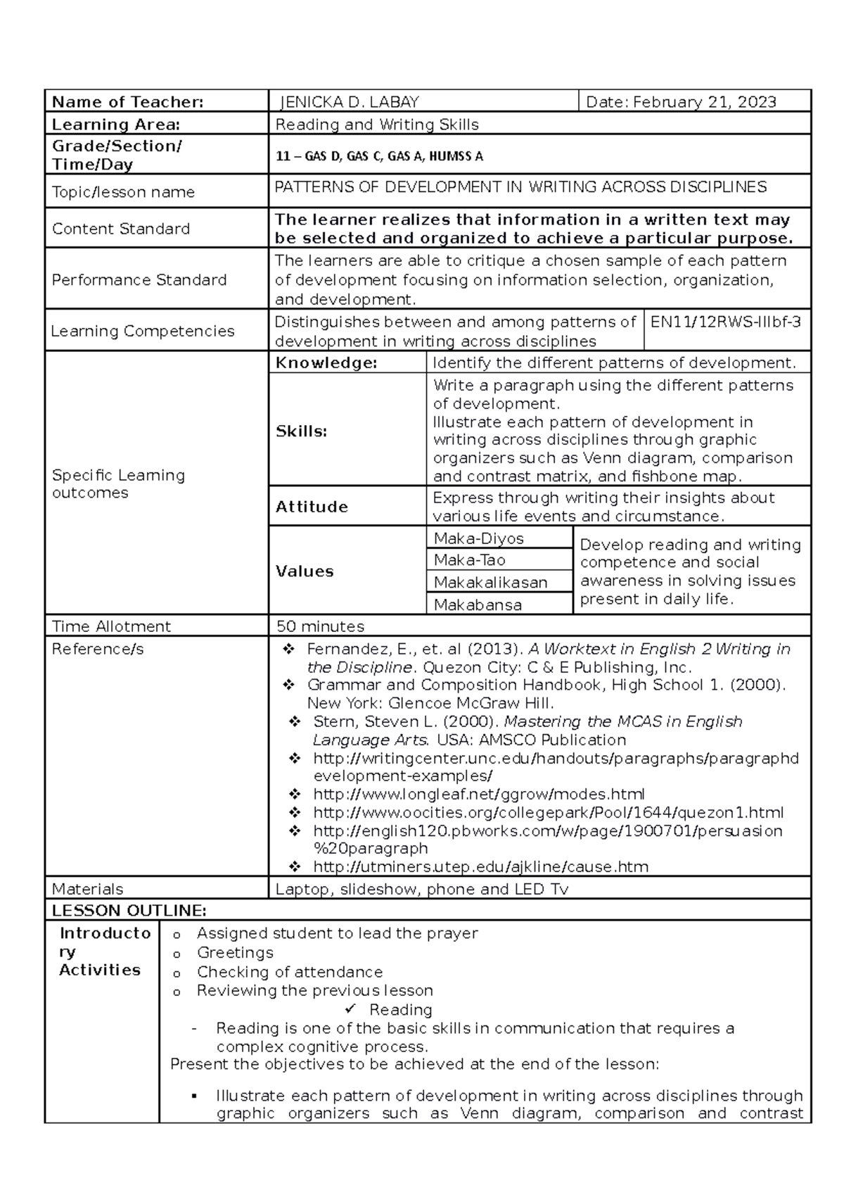 RWS-LP feb 21 - lesson plan - Name of Teacher: JENICKA D. LABAY Date ...