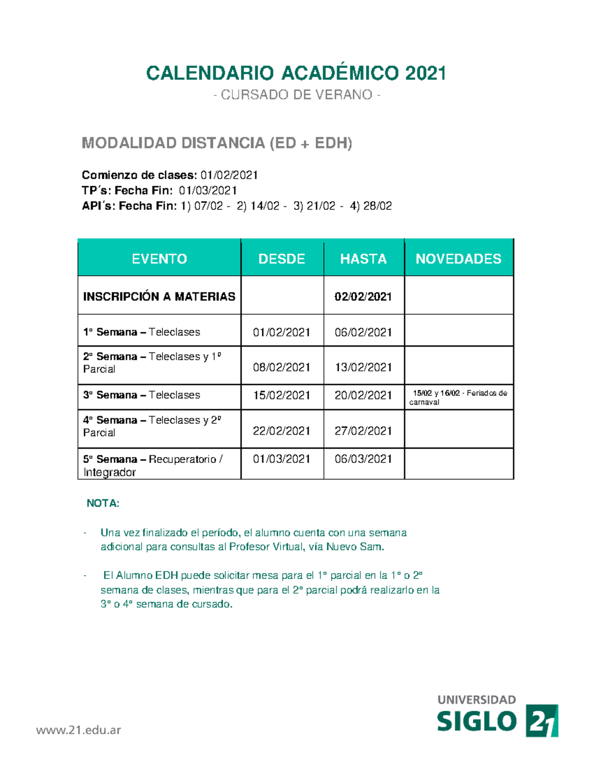 2021-calendario-verano - CALENDARIO ACADÉMICO 2021 - CURSADO DE VERANO ...