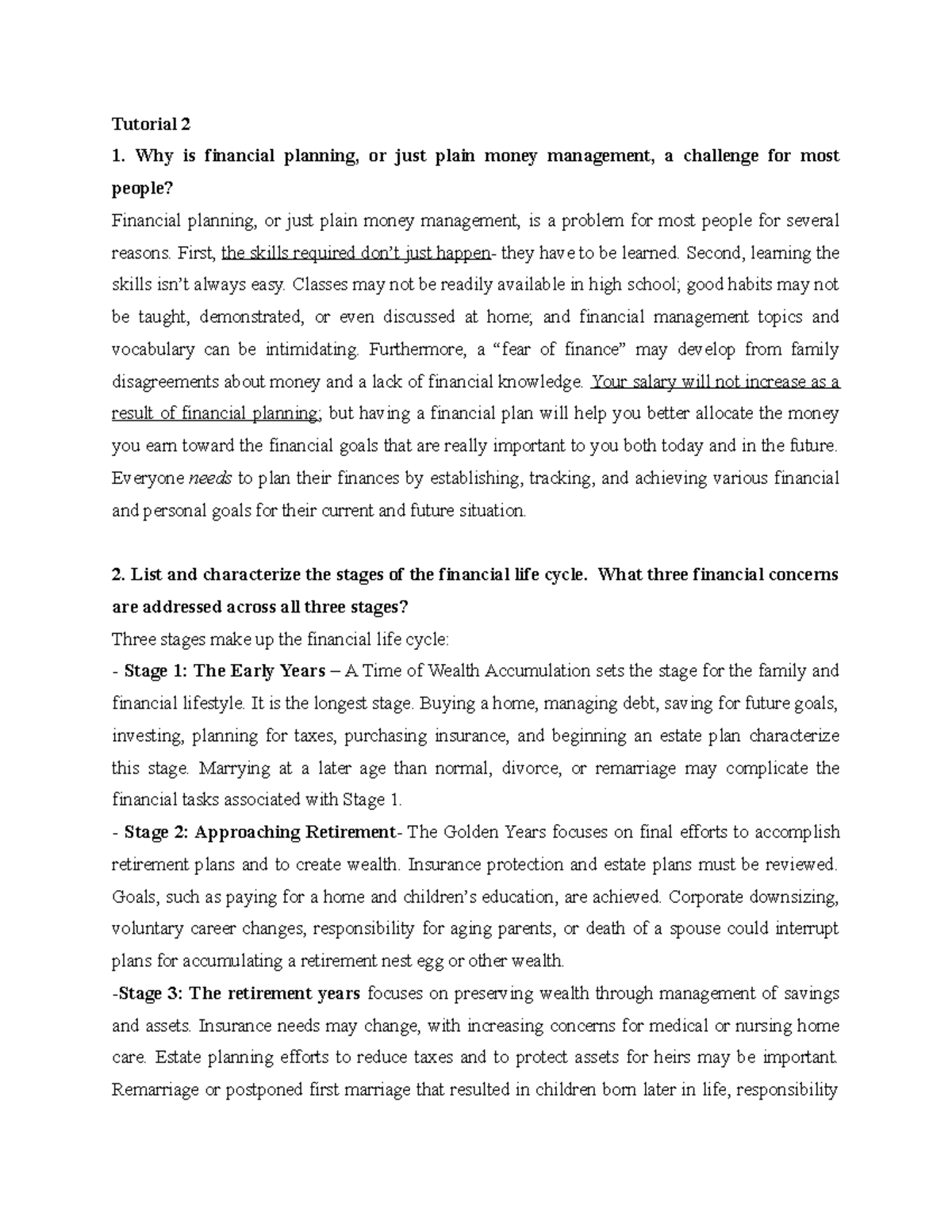 Tutorial 2 Ans PFPM - **Tutorial 2 Why is financial planning, or just plain money management, a ...