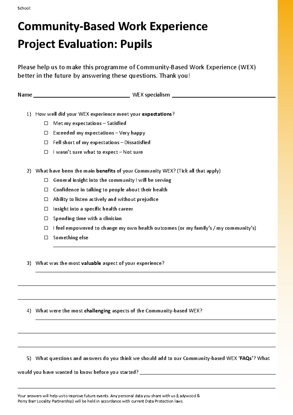 WEX Final Pupil Questionnaire July 23 - School: Community-Based Work ...