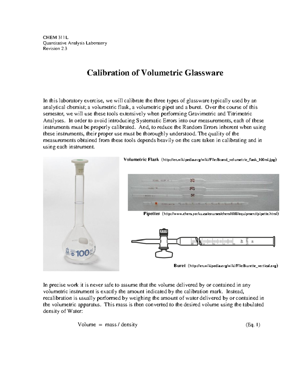 Calibration of Volumetric Glassware - CHEM 311L Quantitative Analysis ...