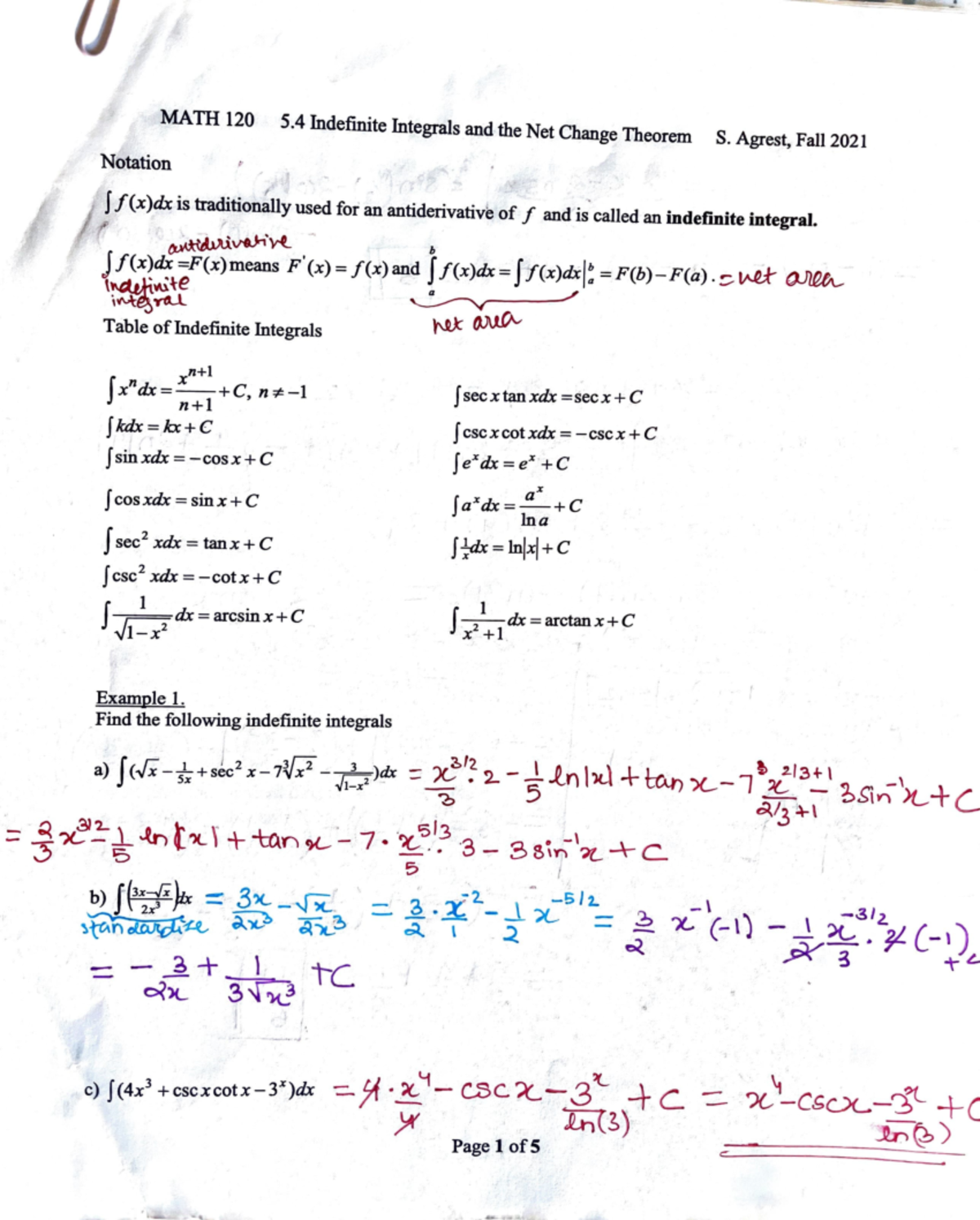 Math 120 section 5.4 notes - (J MATH 120 5 Indefinite Integrals and the ...
