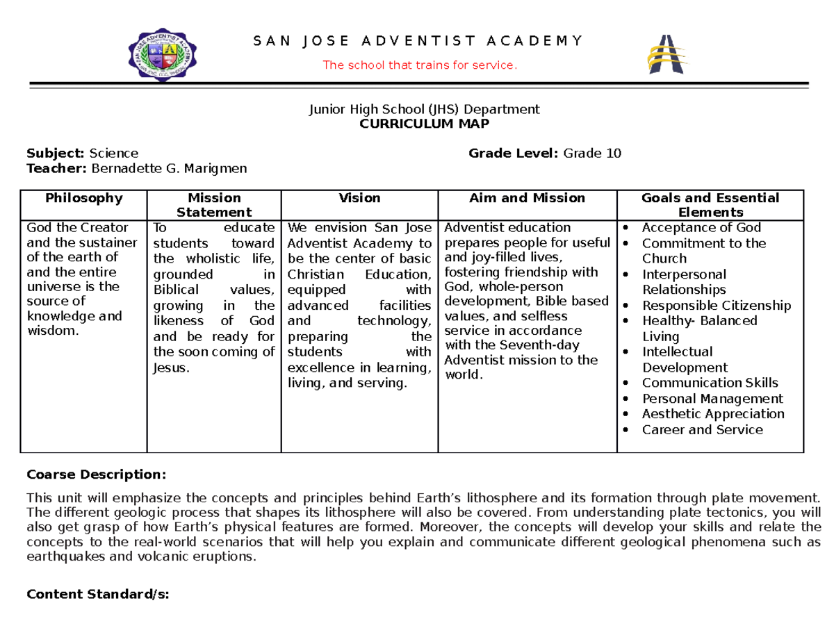 CM Science 10 - Junior High School (JHS) Department CURRICULUM MAP ...