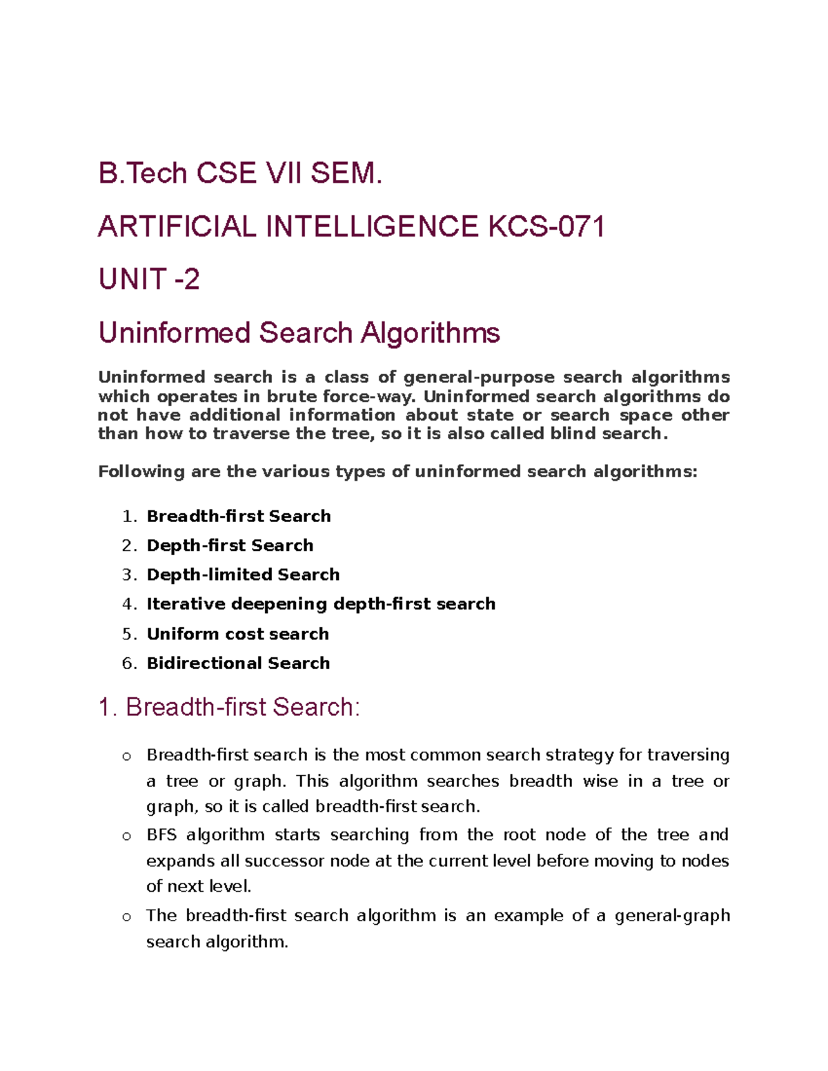 AI Notes UNIT 2 - About AI LAb - B CSE VII SEM. ARTIFICIAL INTELLIGENCE ...