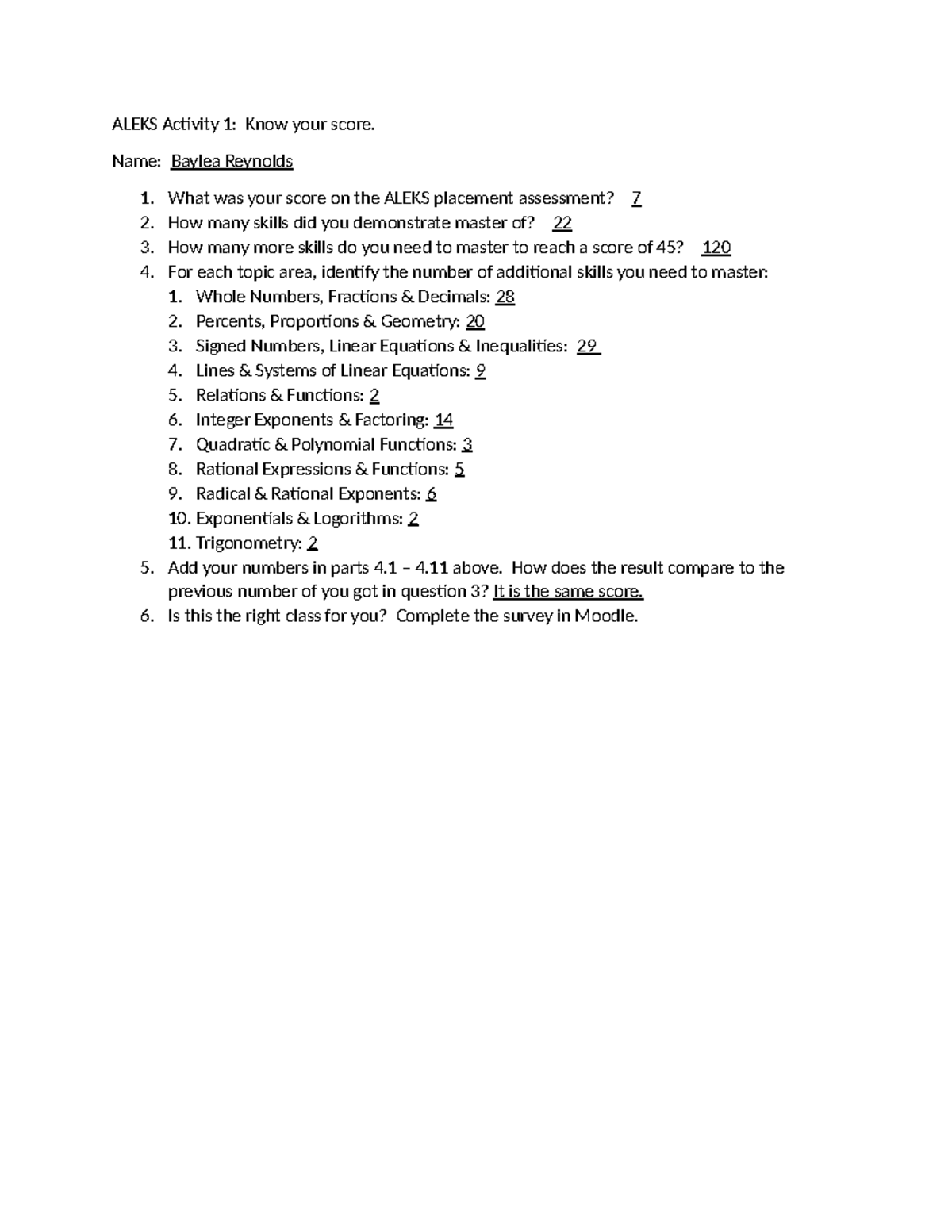 Aleks Activity 1 - math - ALEKS Activity 1: Know your score. Name ...