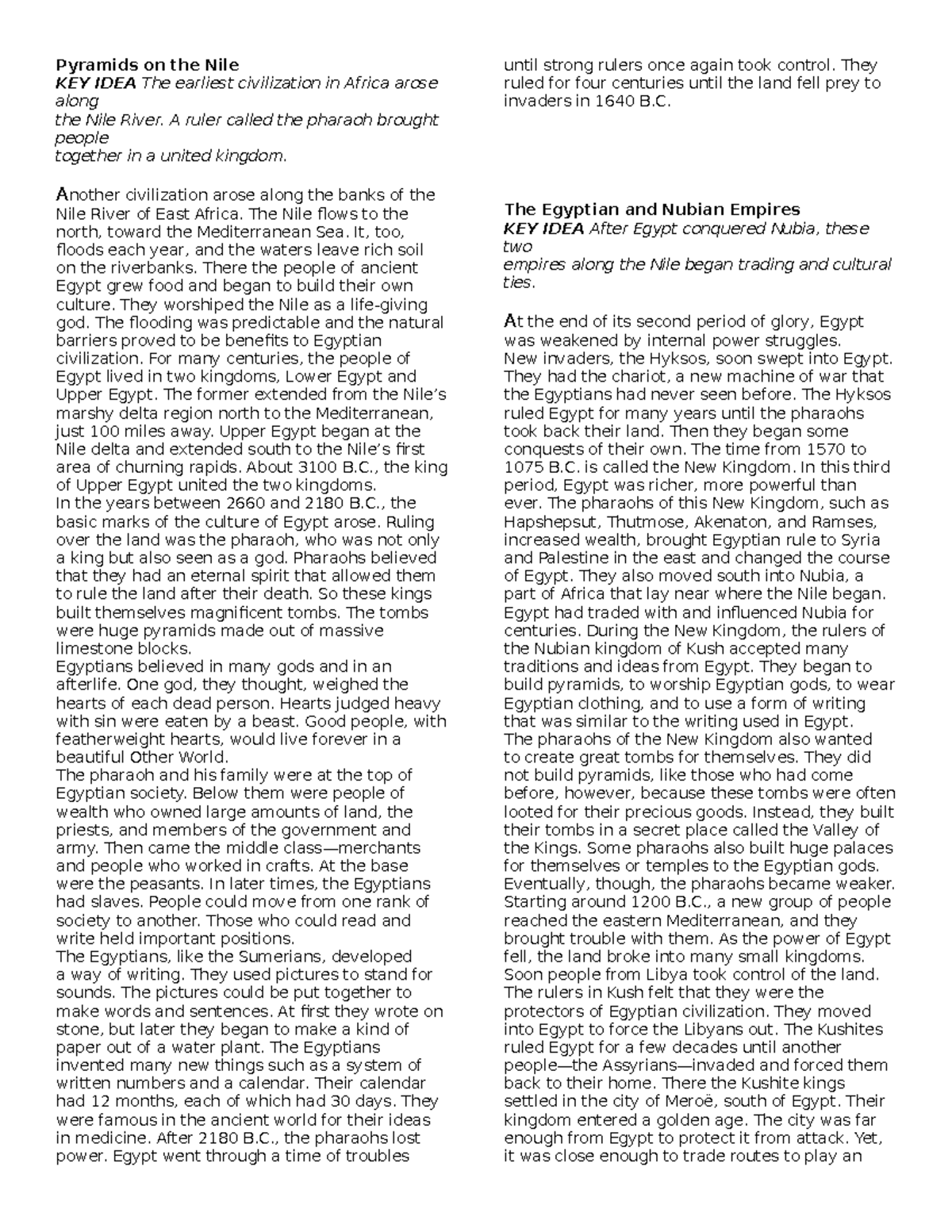 Egypt Brief Summaries - ... - Pyramids on the Nile KEY IDEA The ...