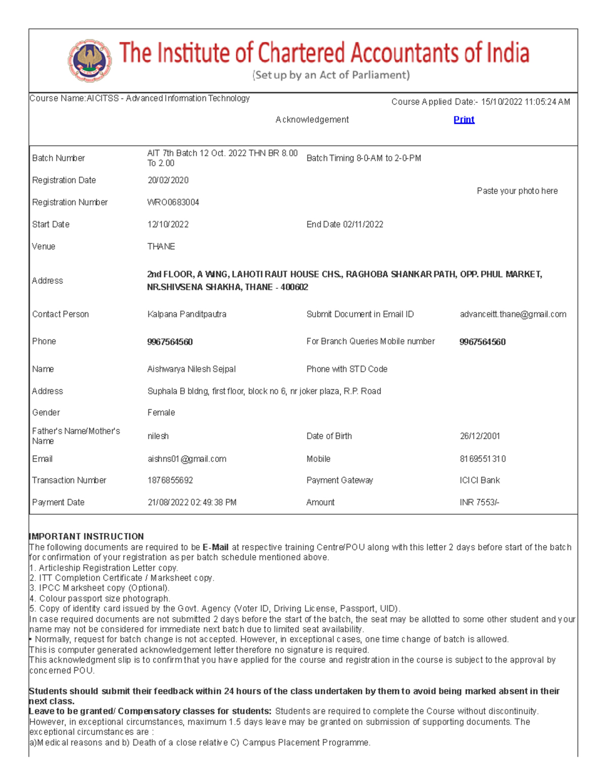 Aishwarya - Acknowledgement - Course Name:AICITSS - Advanced ...