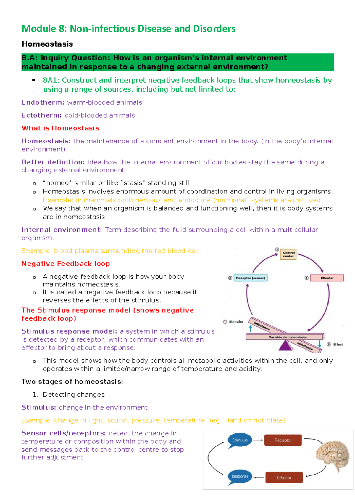 Notes - Module 8: Non-infectious Disease and Disorders Homeostasis 8 ...