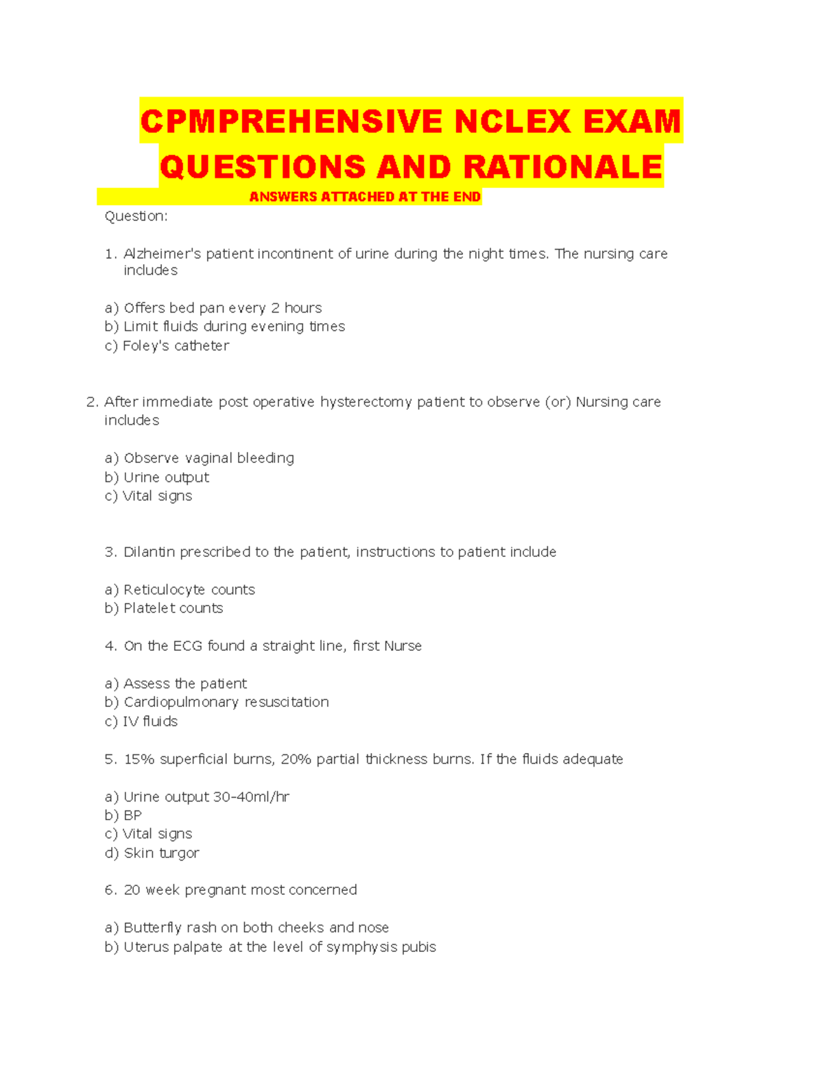 CPMPREHENSIVE NCLEX EXAM QUESTIONS AND RATIONALE ANSWERS ATTACHED AT ...
