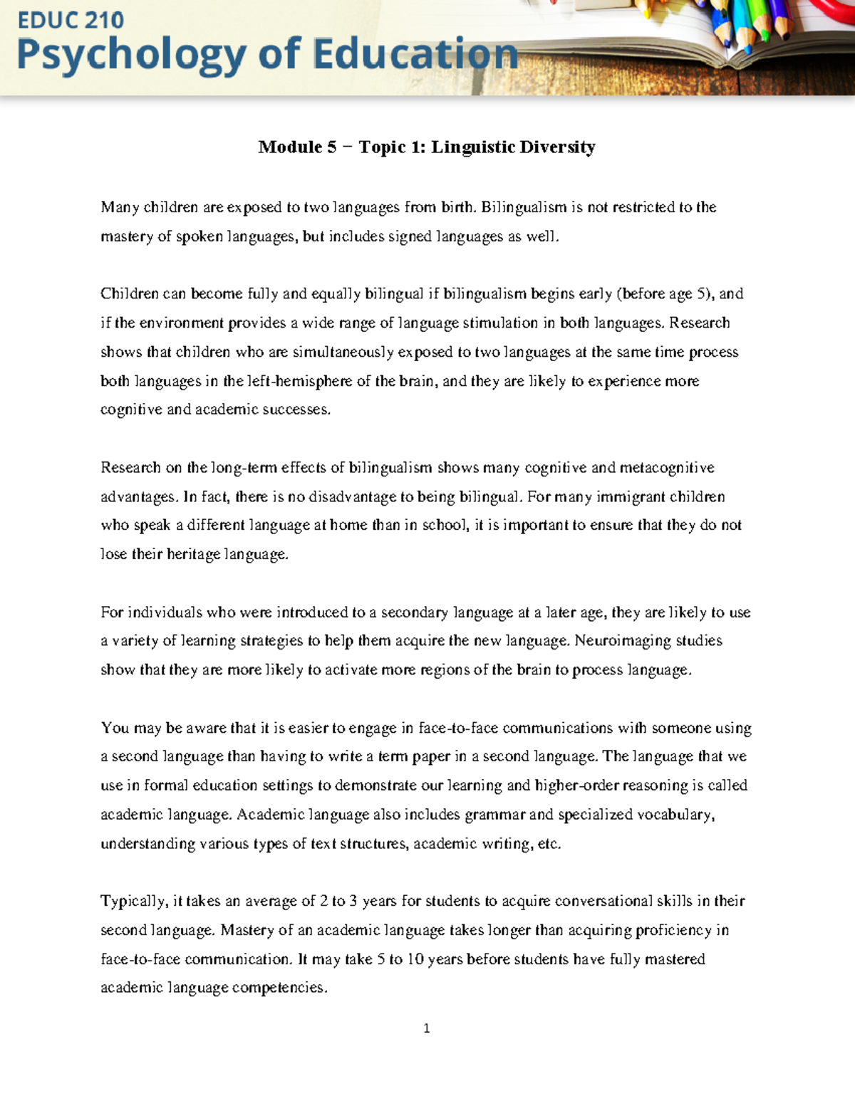 Module 5 - Topic 1 - 3. Linguistic Diversity - 1 Module 5 − Topic 1: Linguistic Diversity Many ...