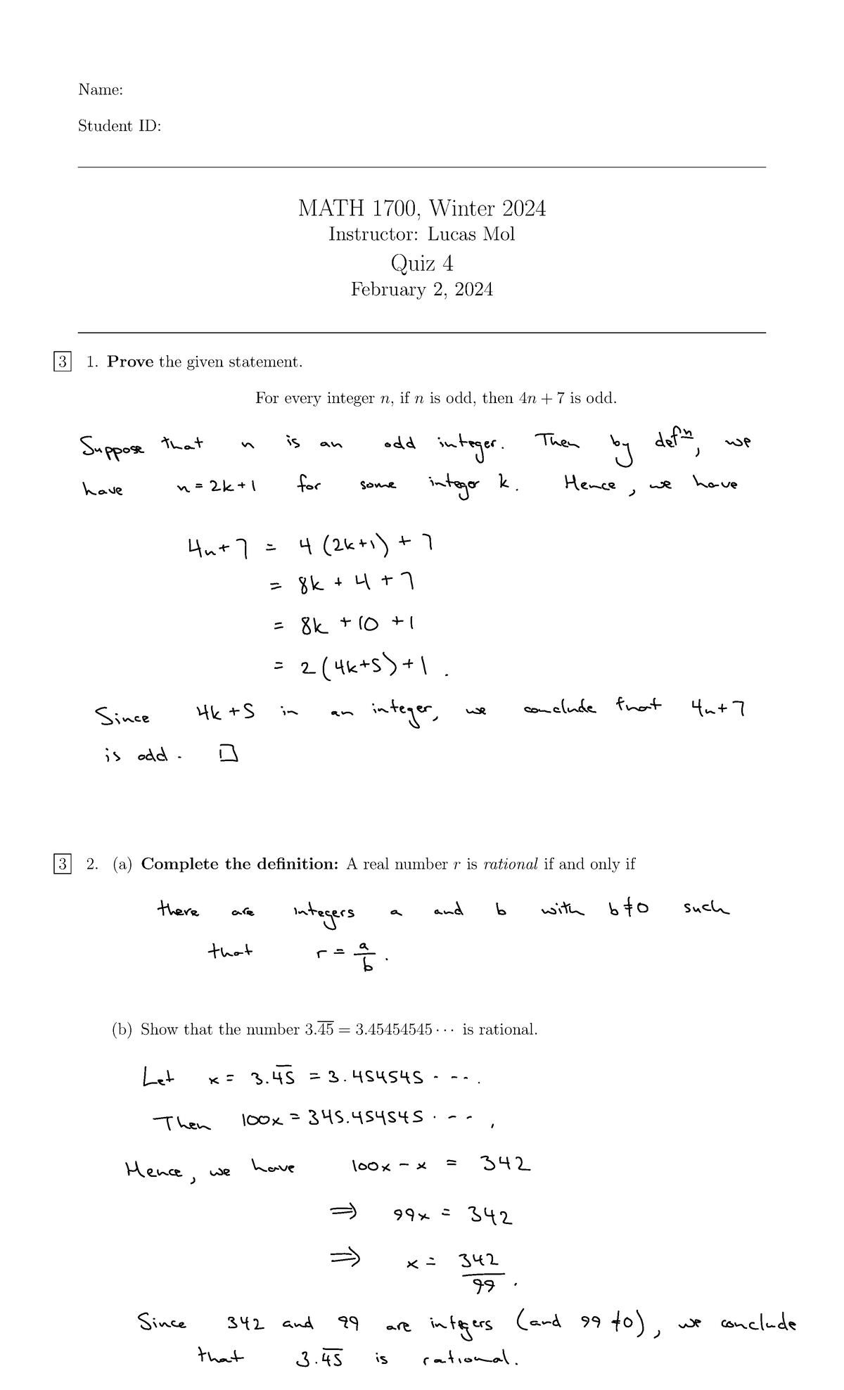 Quiz 4 Version 1 Solutions - Math 1701 - Name: Student ID: MATH 1700 ...