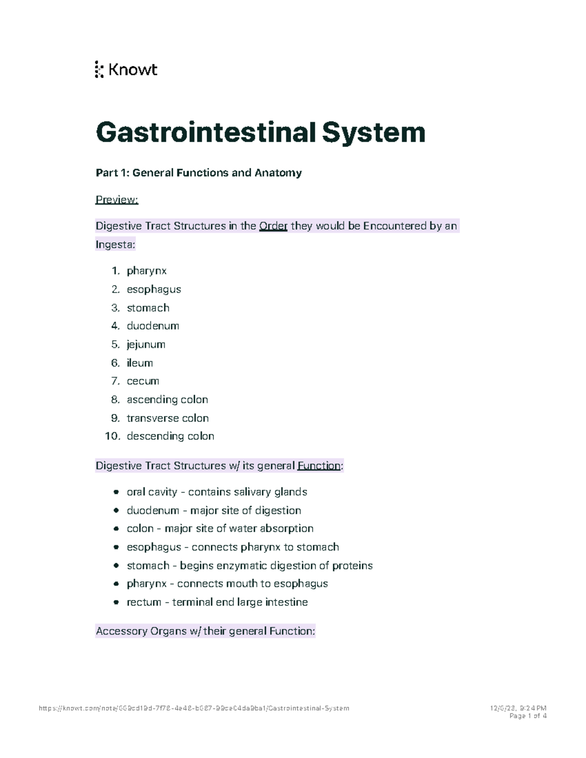 Gastrointestinal System Notes - Gastrointestinal System Part 1: General ...