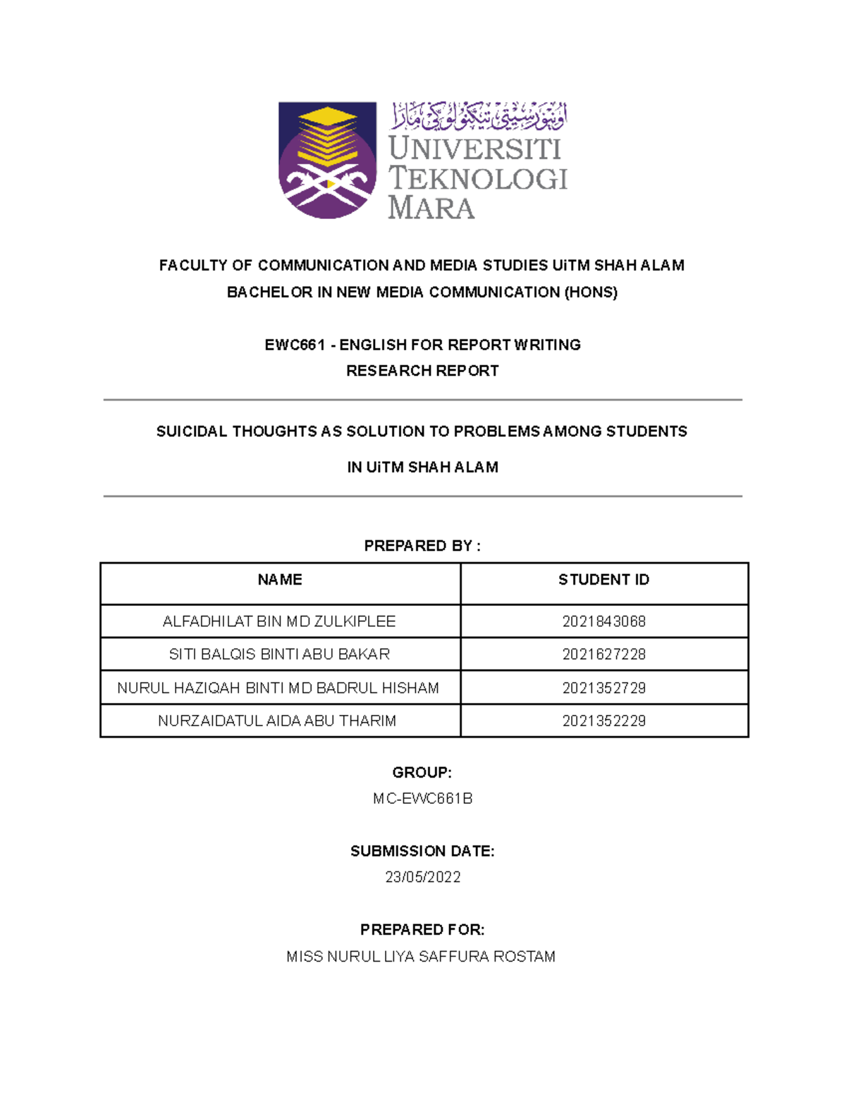 EWC661 - Suicidal Thoughts - FACULTY OF COMMUNICATION AND MEDIA STUDIES ...