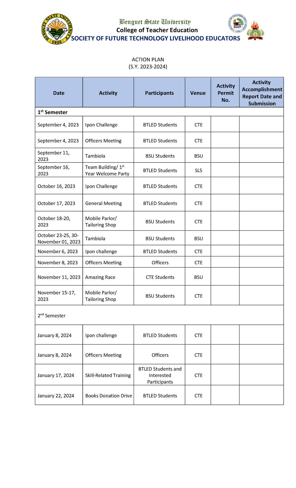 Final action plan 2023 2024 - Benguet State University College of ...
