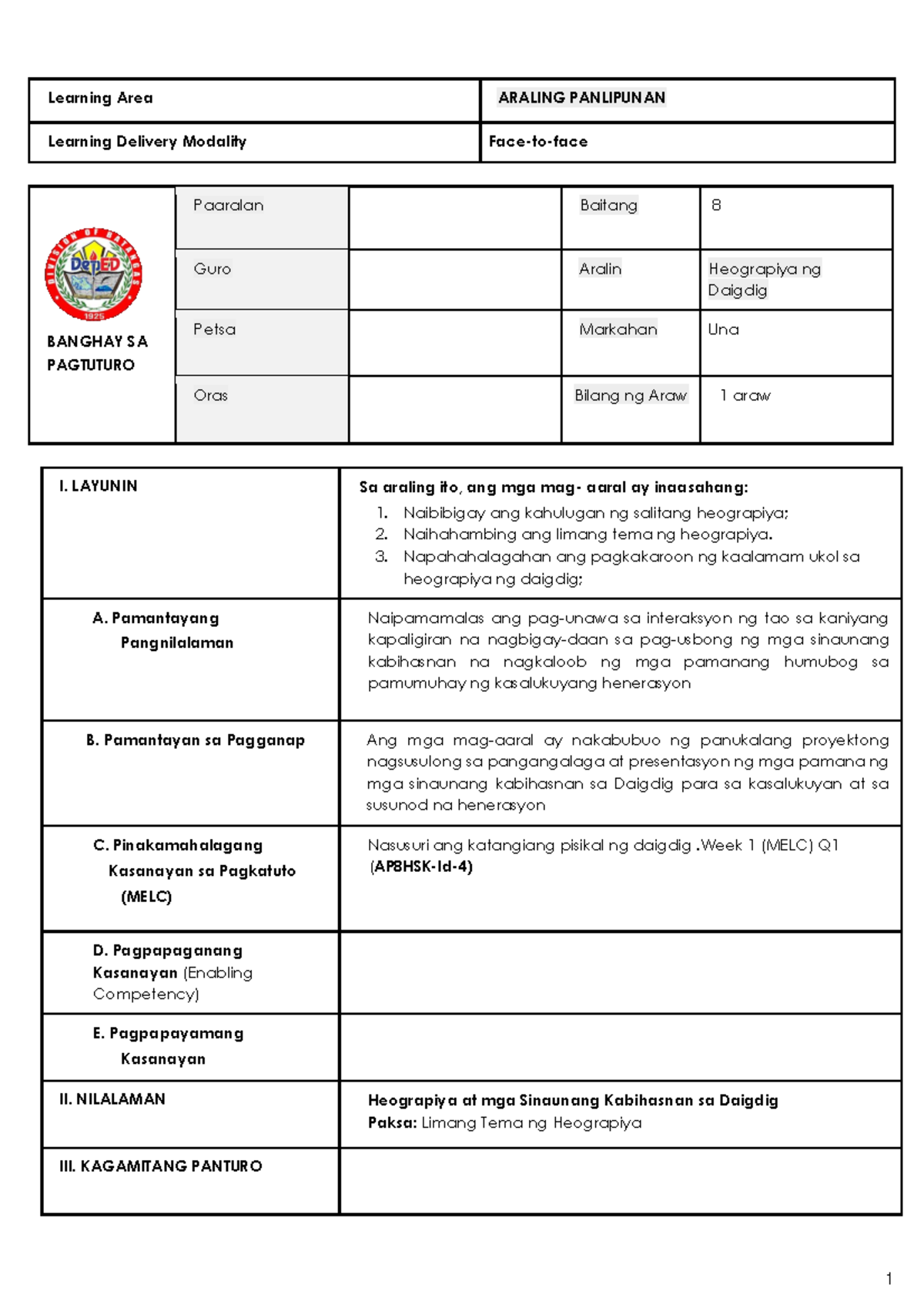 LE-AP8Q1W1D1 - lesson examplar - Learning Area ARALING PANLIPUNAN ...