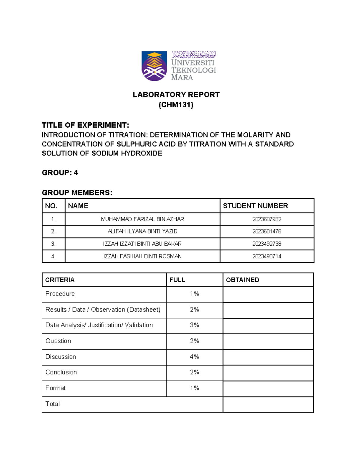 Experiment 3 - none - LABORATORY REPORT (CHM131) TITLE OF EXPERIMENT ...