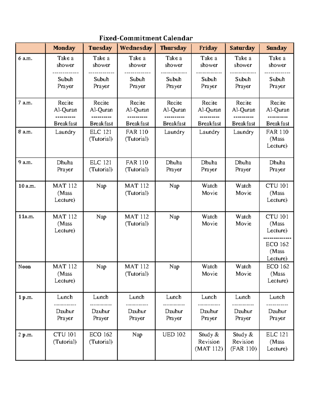 UED Topic 4 - easy - Fixed-Commitment Calendar Monday Tuesday Wednesday Thursday Friday Saturday ...