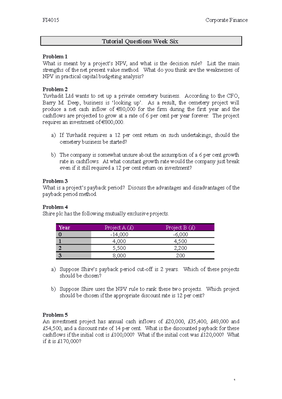 Tutorial Problems - FI4015 Corporate Finance Tutorial Questions Week Six Problem 1 What is meant ...