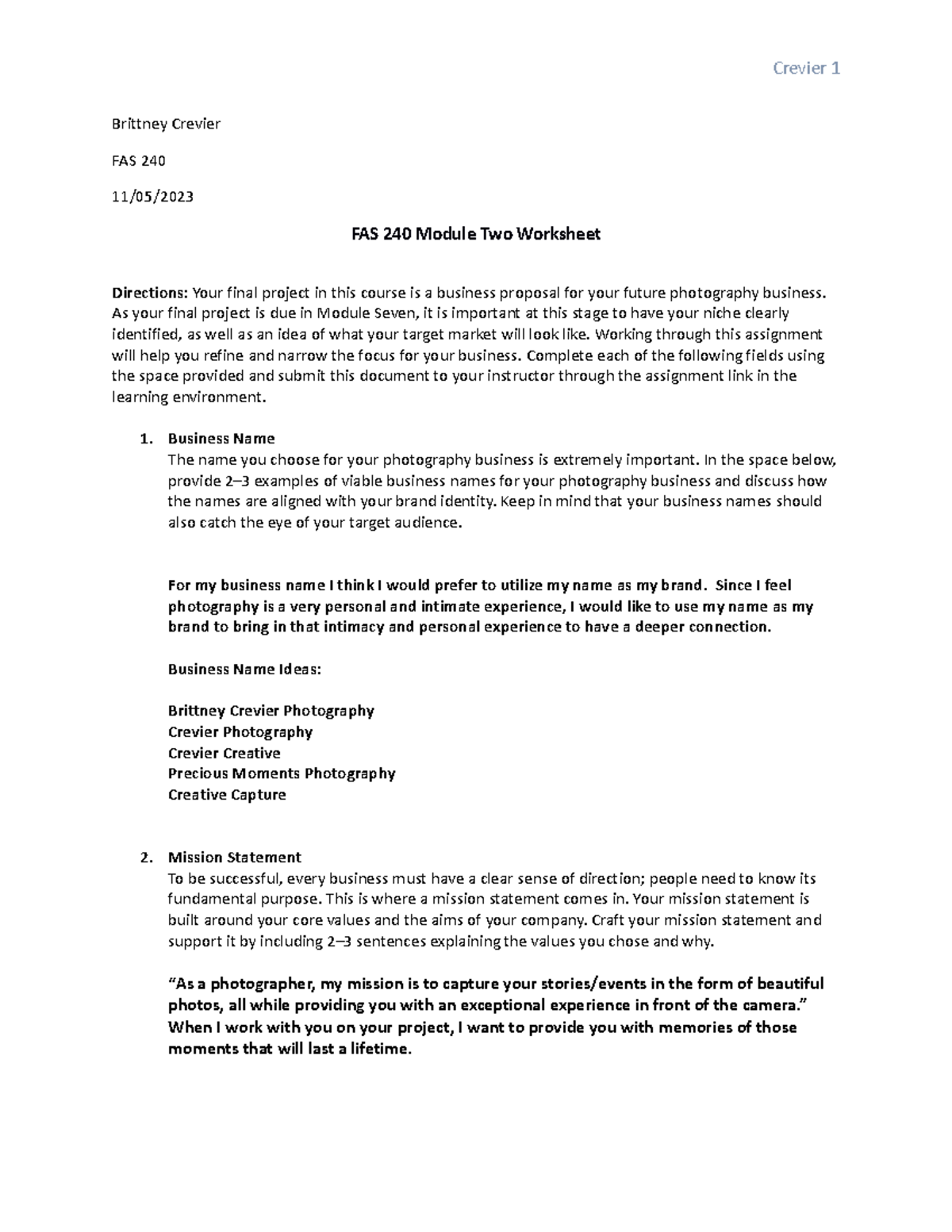 Fas240 module two worksheet - Crevier 1 Brittney Crevier FAS 240 11/05 ...