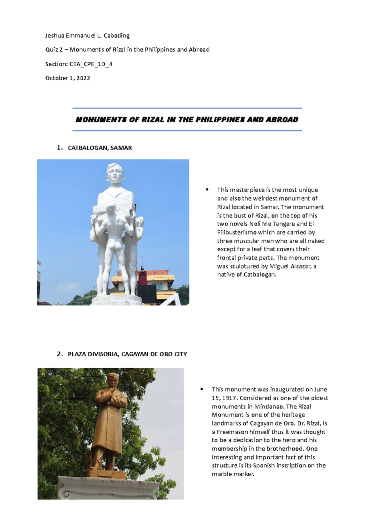 QUIZ 2 - QUIZ 2 - Jeshua Emmanuel L. Cabading Quiz 2 – Monuments of ...