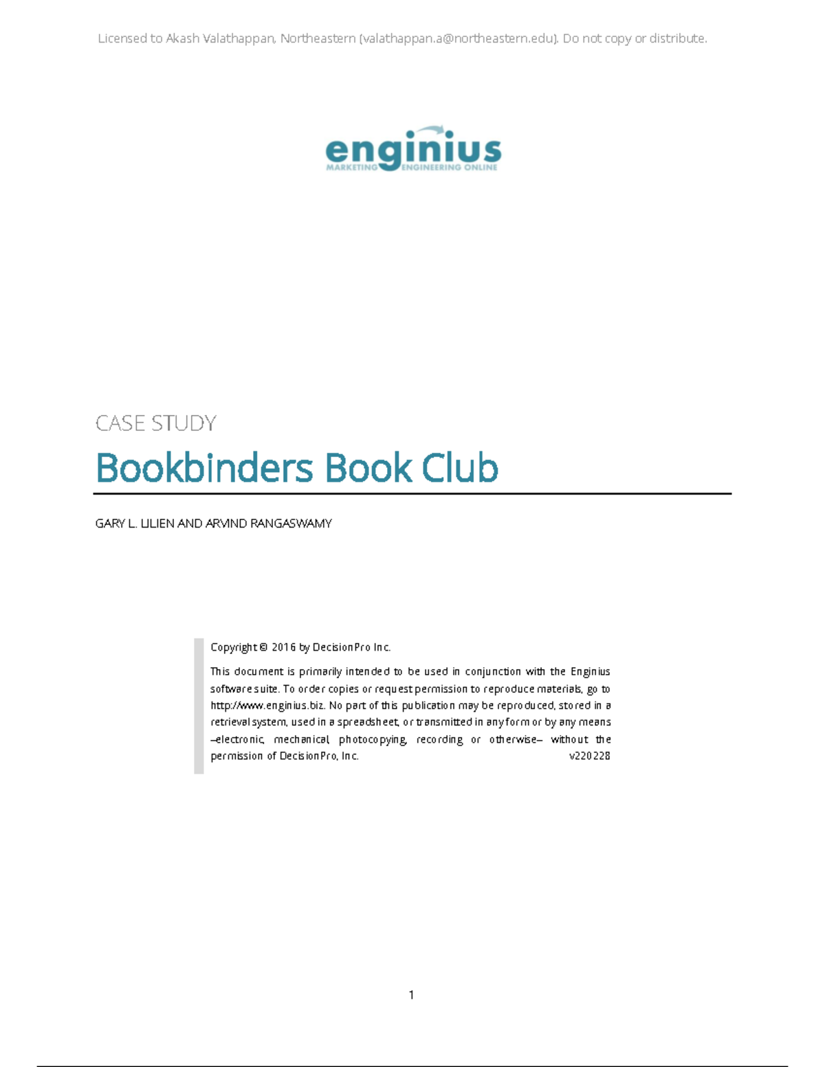 Bookbinders case study - 1 CASE STUDY Bookbinders Book Club GARY L. LILIEN AND ARVIND RANGASWAMY ...