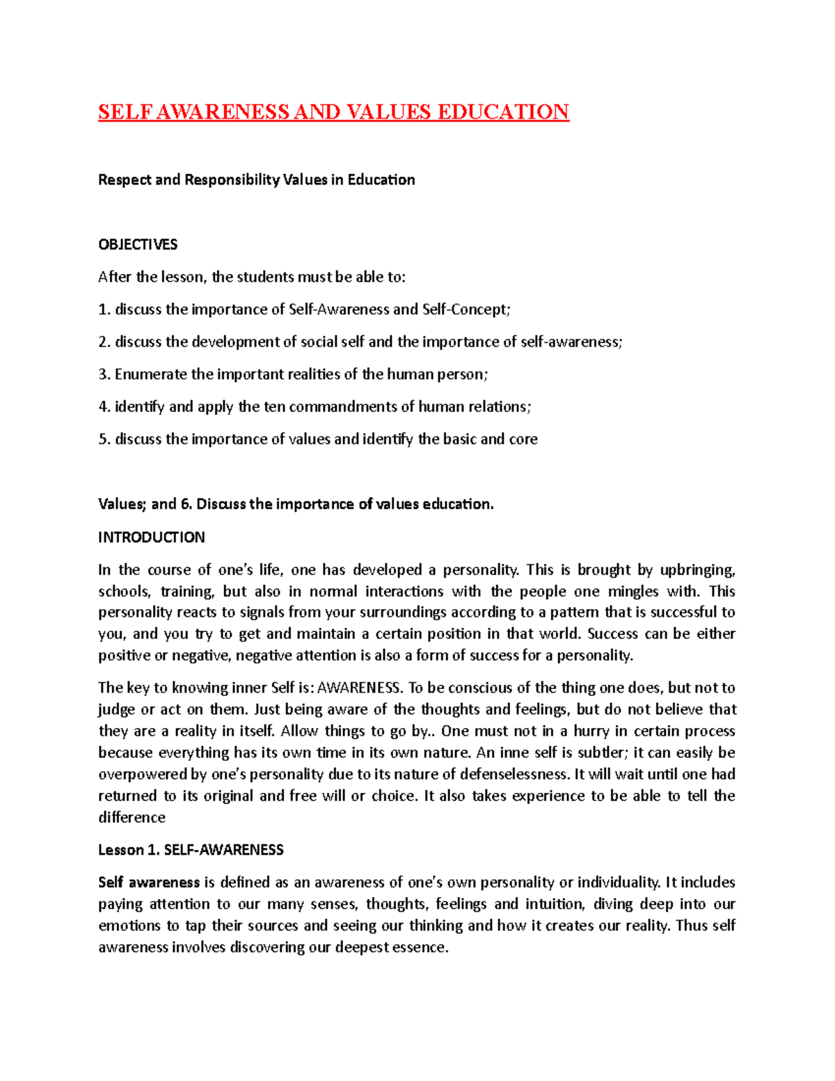 SElf awareness and values education - SELF AWARENESS AND VALUES ...