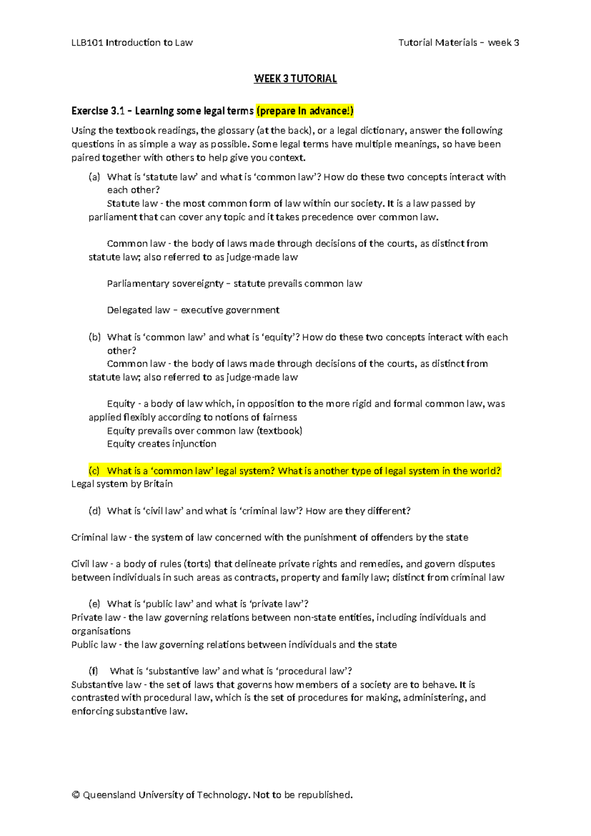 WEEK 3 Tutorial - Week 3 cute - LLB101 Introduction to Law Tutorial Materials – week 3 WEEK 3 ...