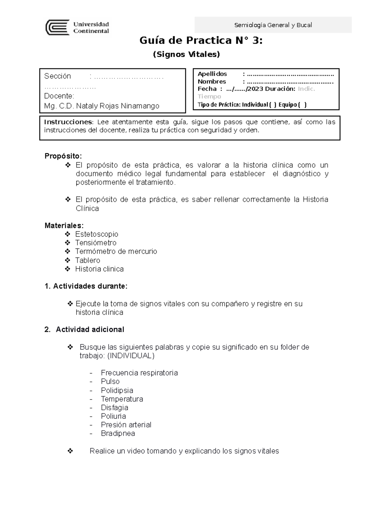 GUIA Practica N 3- FISICA - Guía de Practica N° 3: (Signos Vitales) Propósito: El propósito de ...