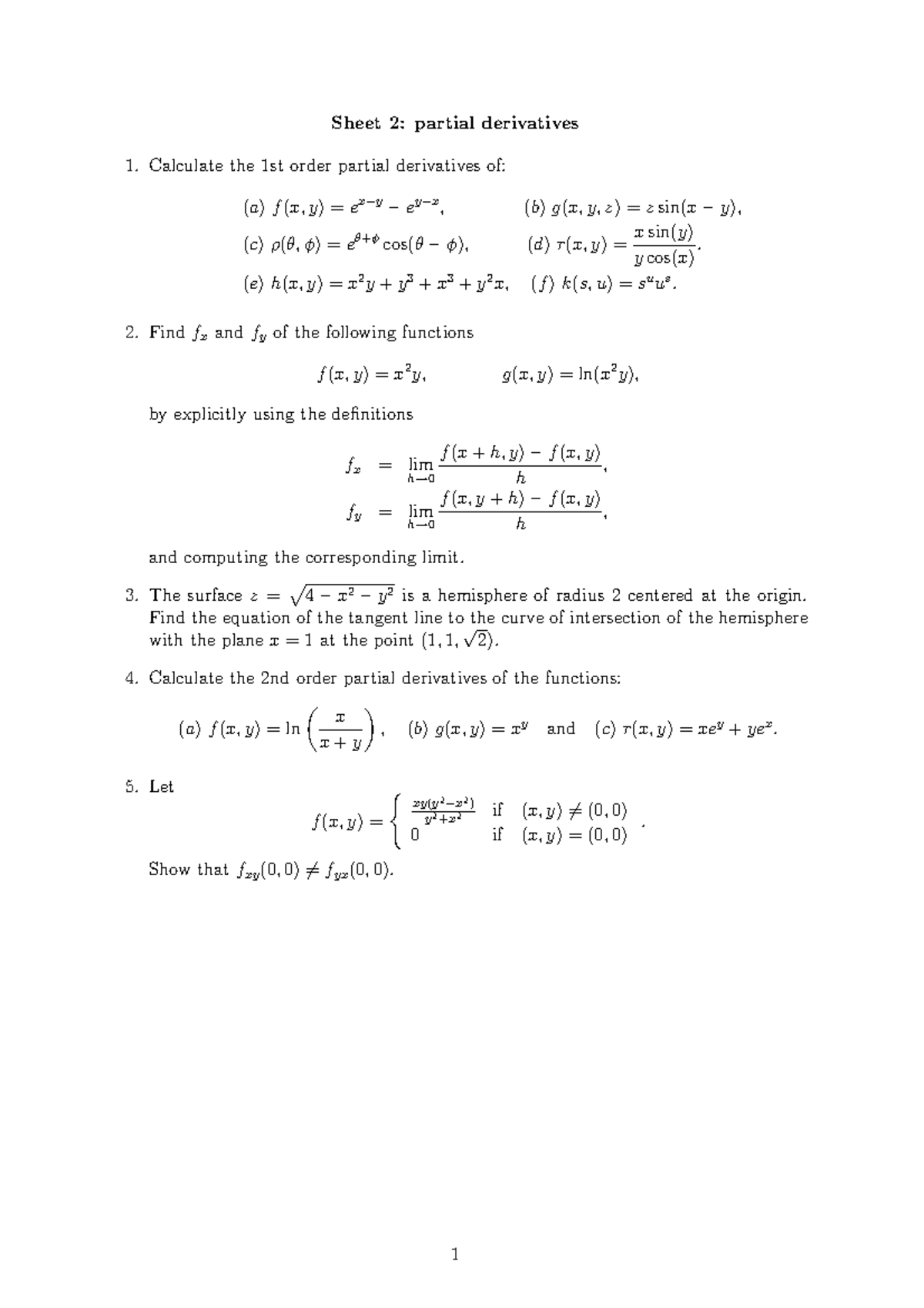 MATH31 Tutorial 2 - Sheet 2: partial derivatives 1. Calculate the 1st ...