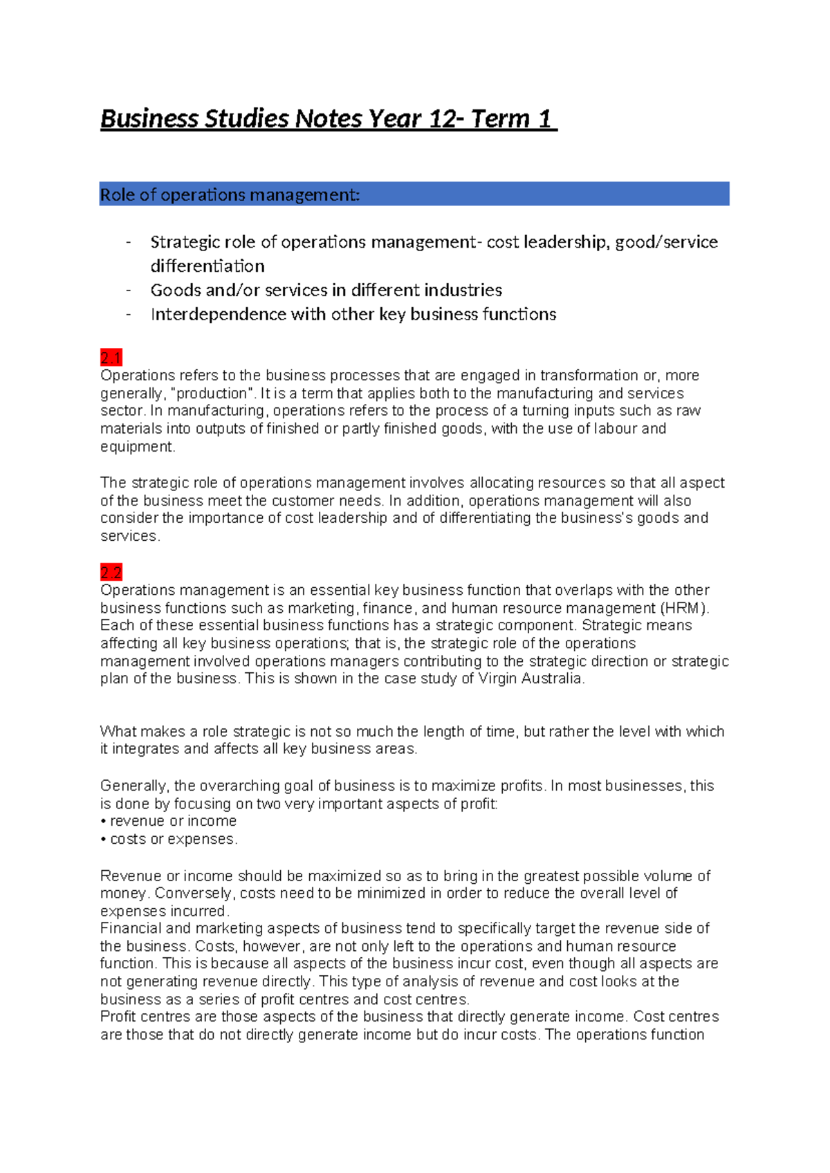 Business Studies Notes Year 12 - Operations refers to the business ...