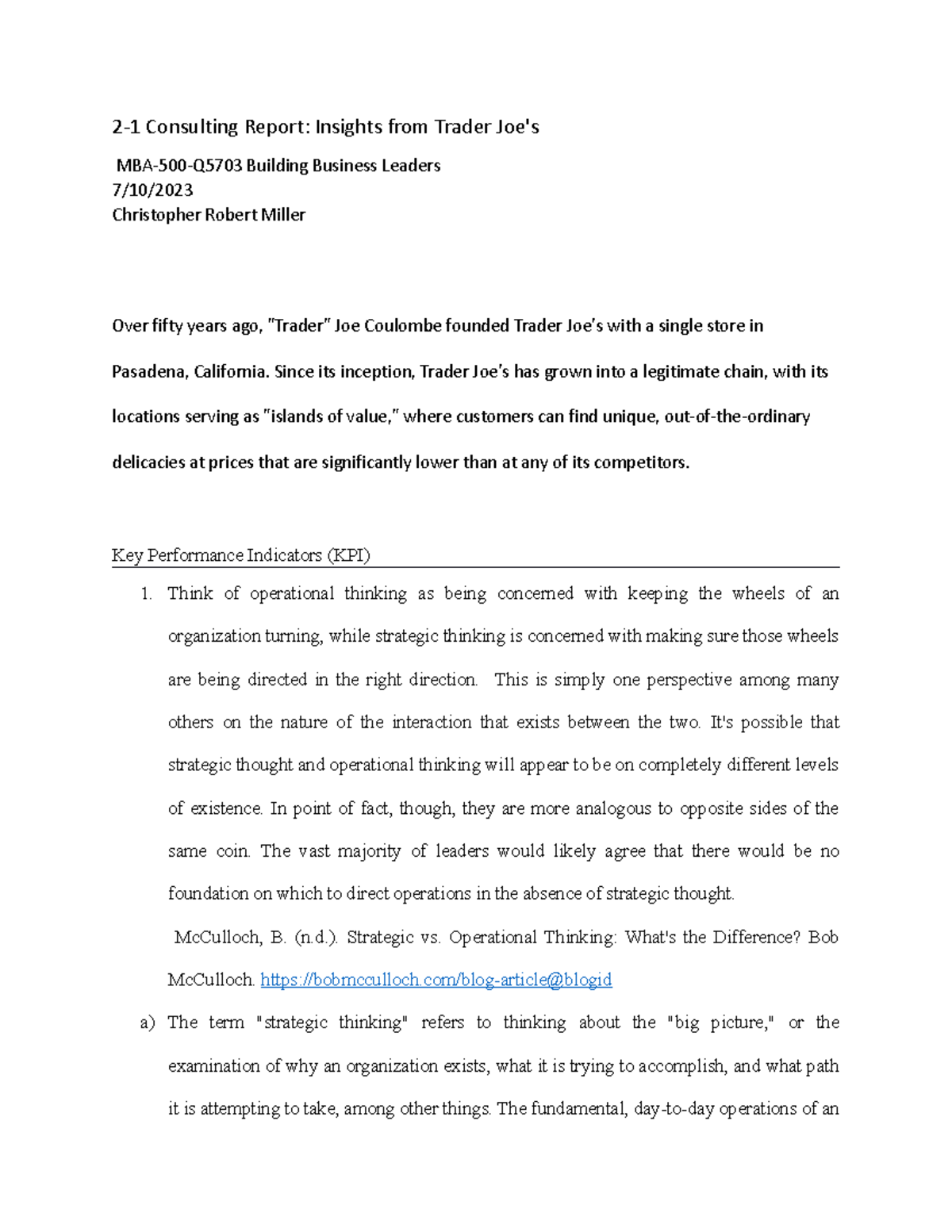 Trader joes report - 2-1 Consulting Report: Insights from Trader Joe's MBA-500-Q5703 Building ...