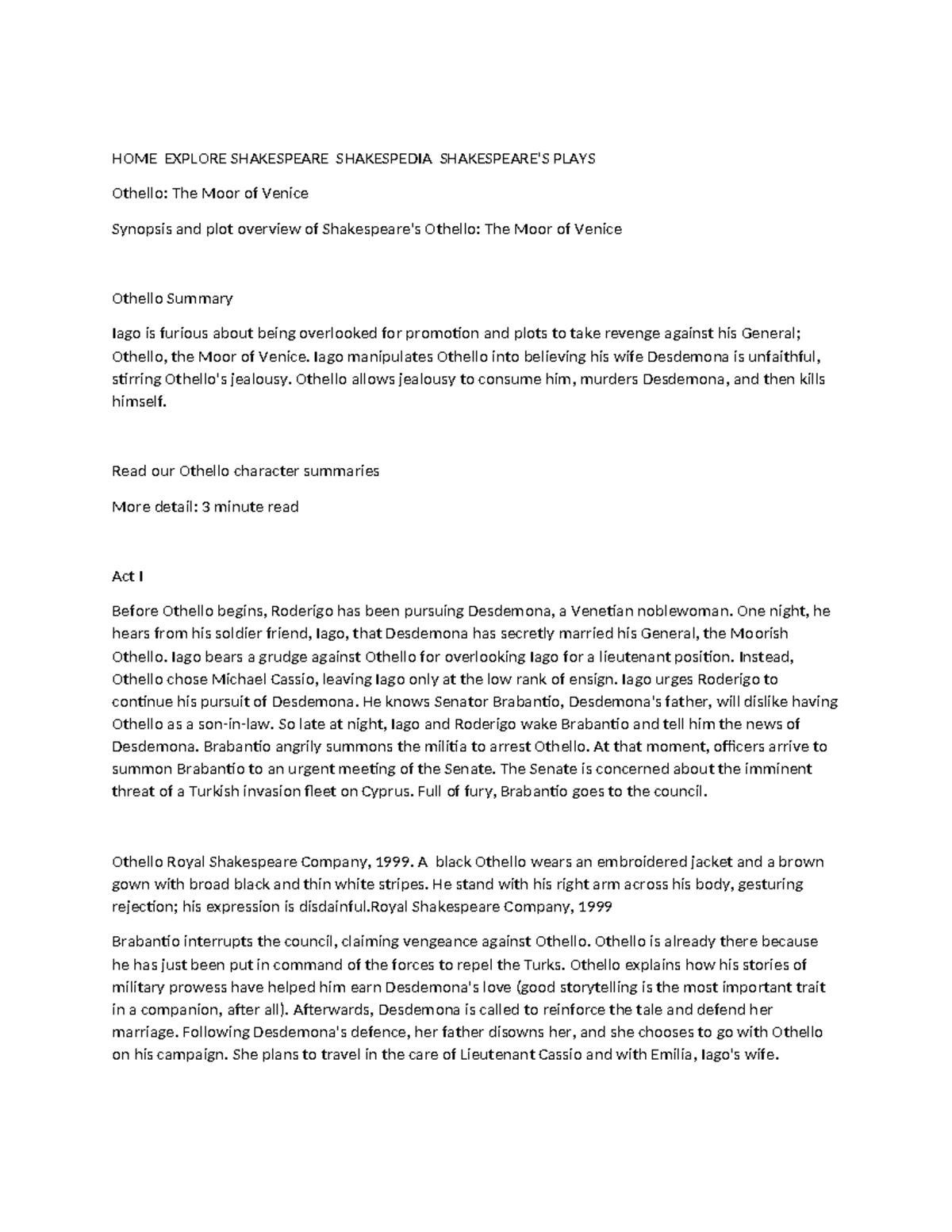 Othello Summary - HOME EXPLORE SHAKESPEARE SHAKESPEDIA SHAKESPEARE'S ...