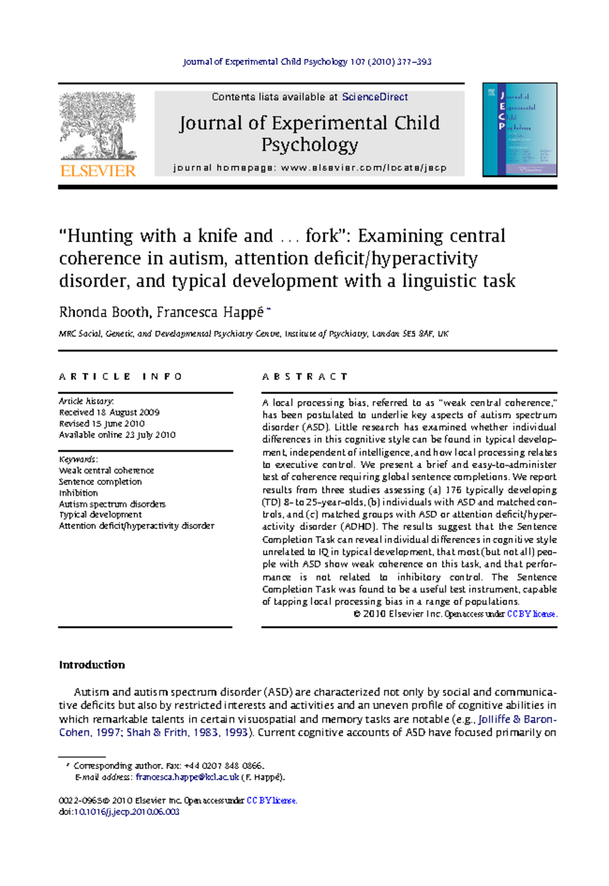 WC1 - Notes on intervention on autism - ‘‘Hunting with a knife and ...